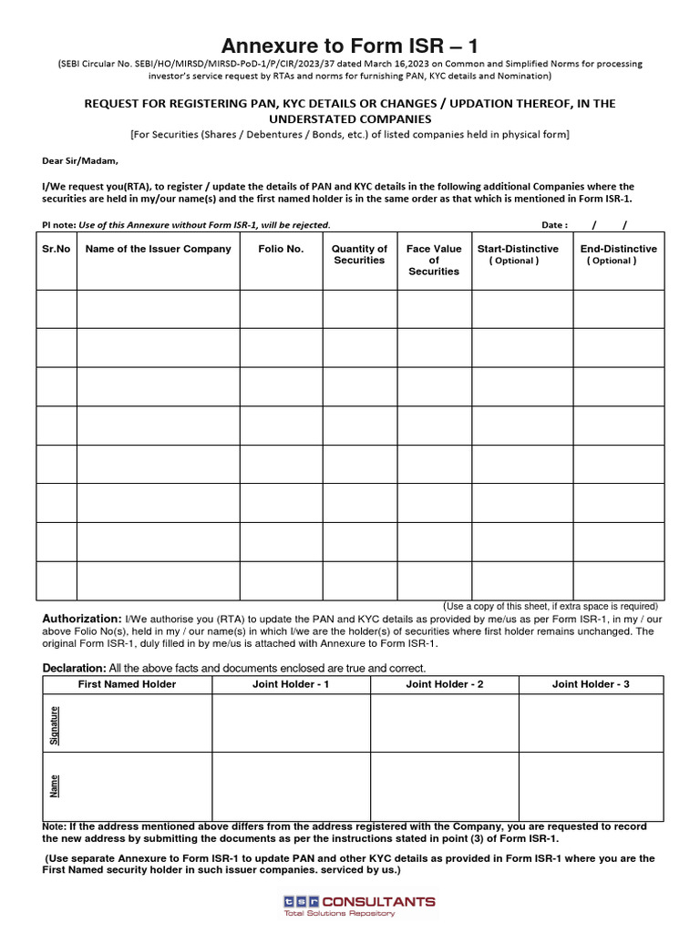 Annexure To Form ISR-1 | PDF