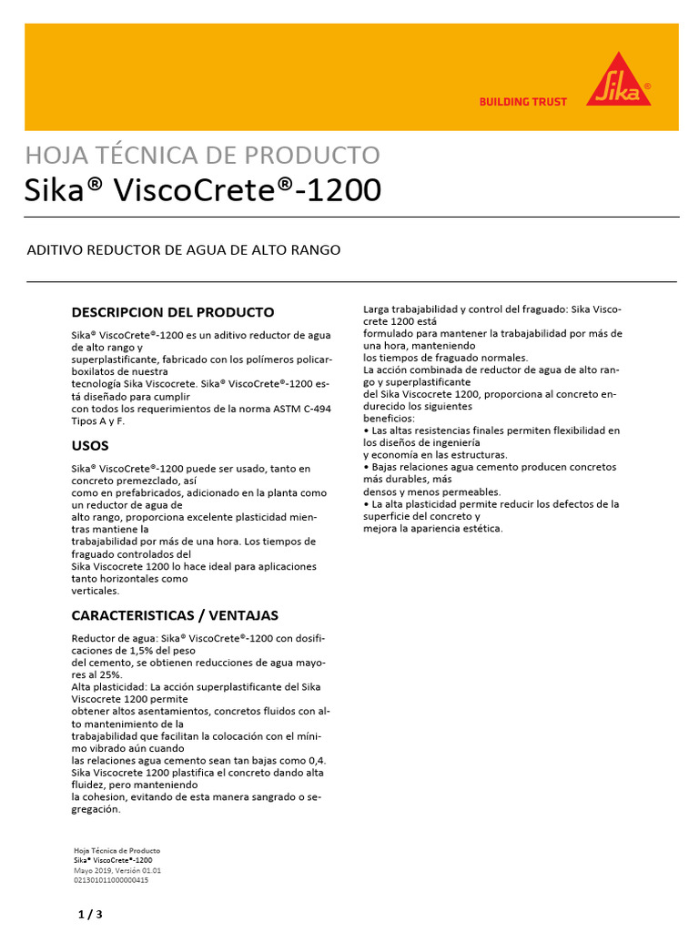 Sika Viscocrete - 1200 | PDF | Hormigón | Cemento