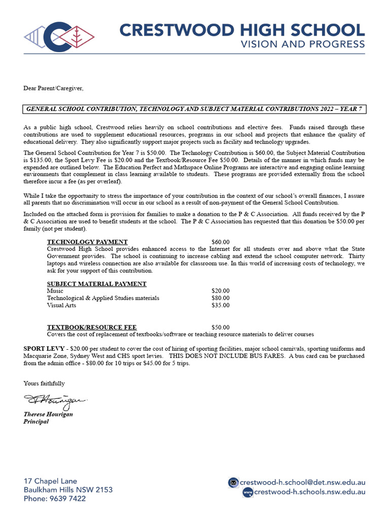 Year 7 School Contribution Details 2022 | PDF | Payments | Service ...