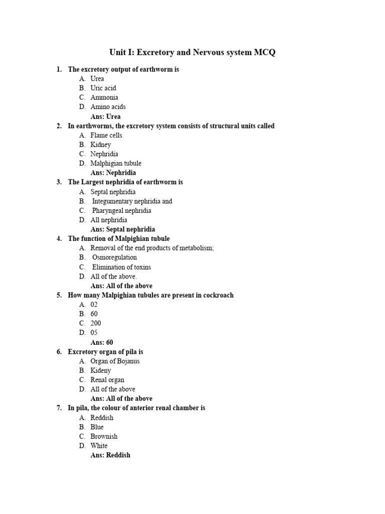 MCQ on Unit I Excretion & Nervous System | PDF | Excretion | Kidney