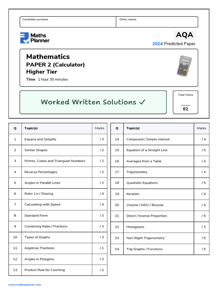 AQA MathsPlanner 2024 Paper 2 Higher Written Solutions | PDF | Sphere ...