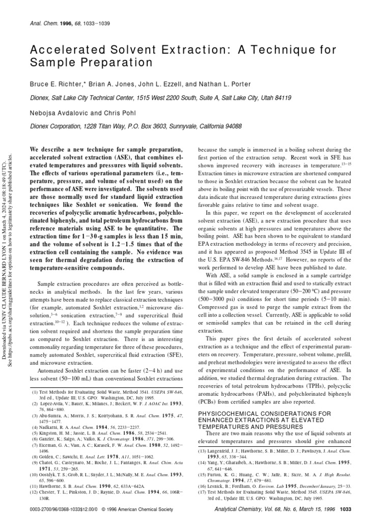 Richter Et Al 1996 Accelerated Solvent Extraction A Technique For ...