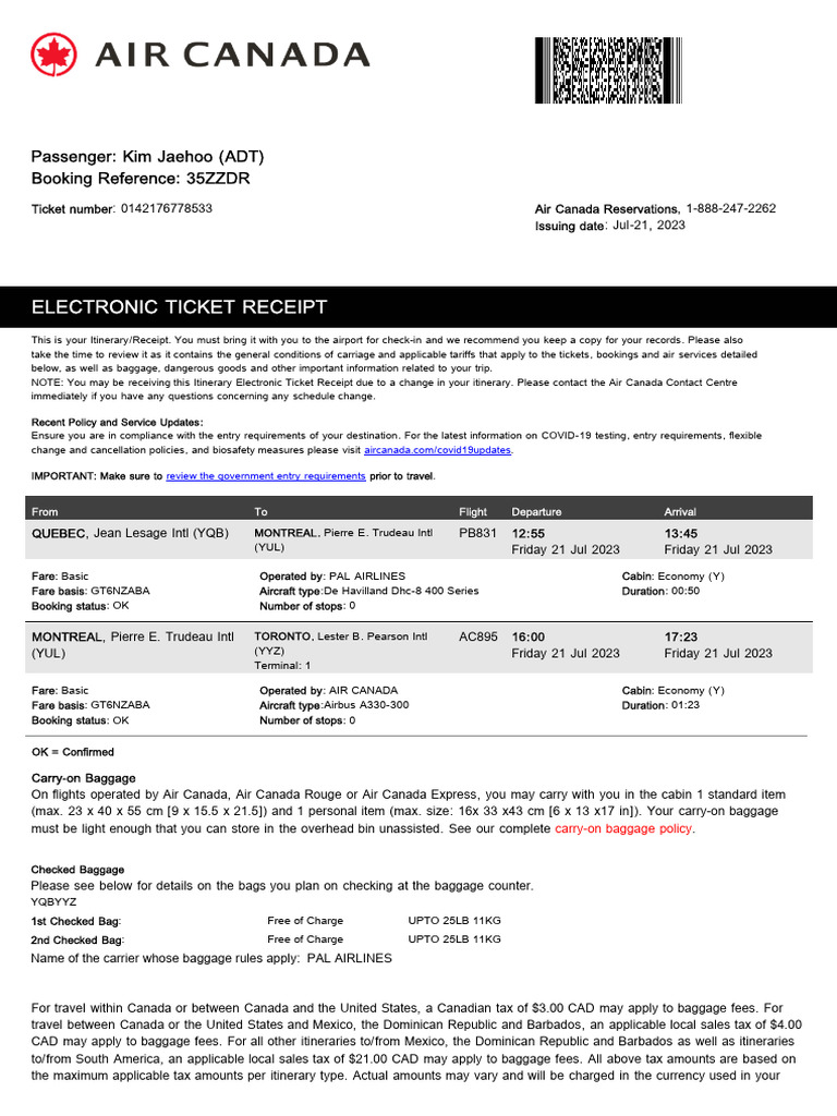 35ZZDR, Jaehoo Kim 21-Jul Quebec-Montreal | PDF | Baggage | Aviation