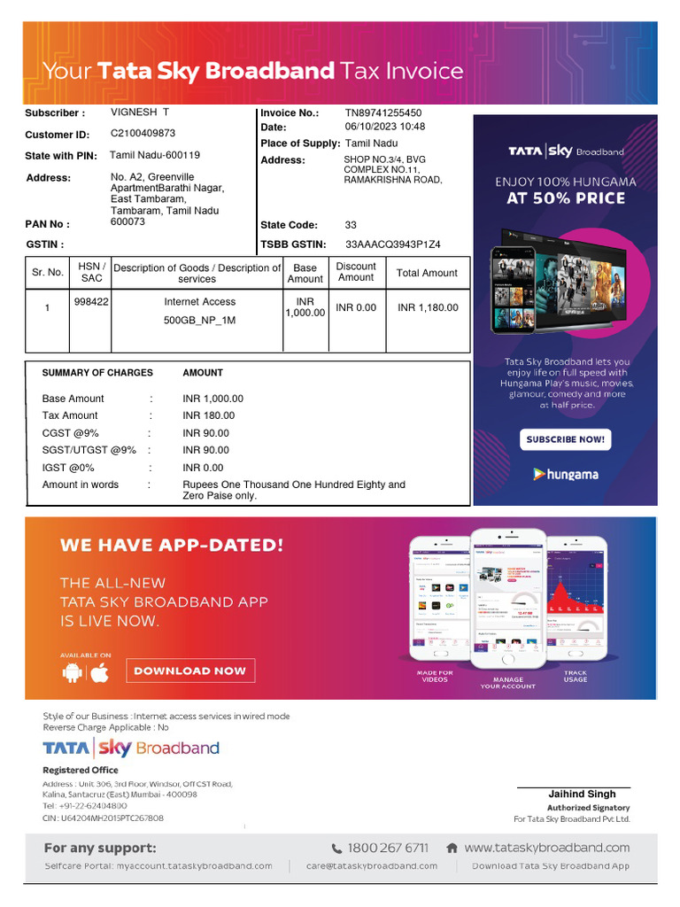 Internet Bill Oct-Nov-2023 | PDF | Rupee | Taxation