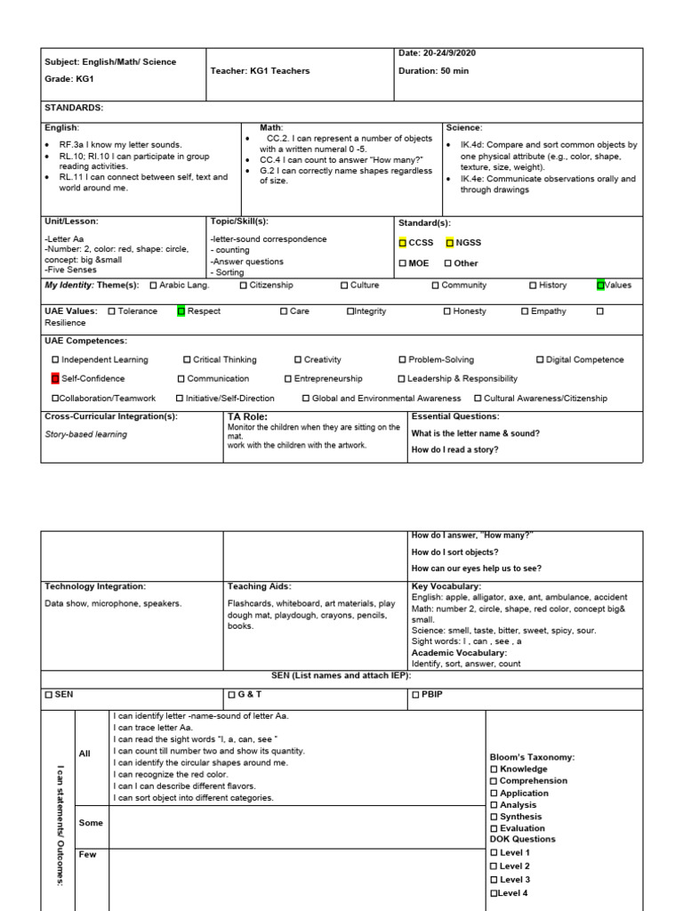 KG1 Eng, Math & SC WK 4 Traditional | PDF | Lesson Plan | Taste