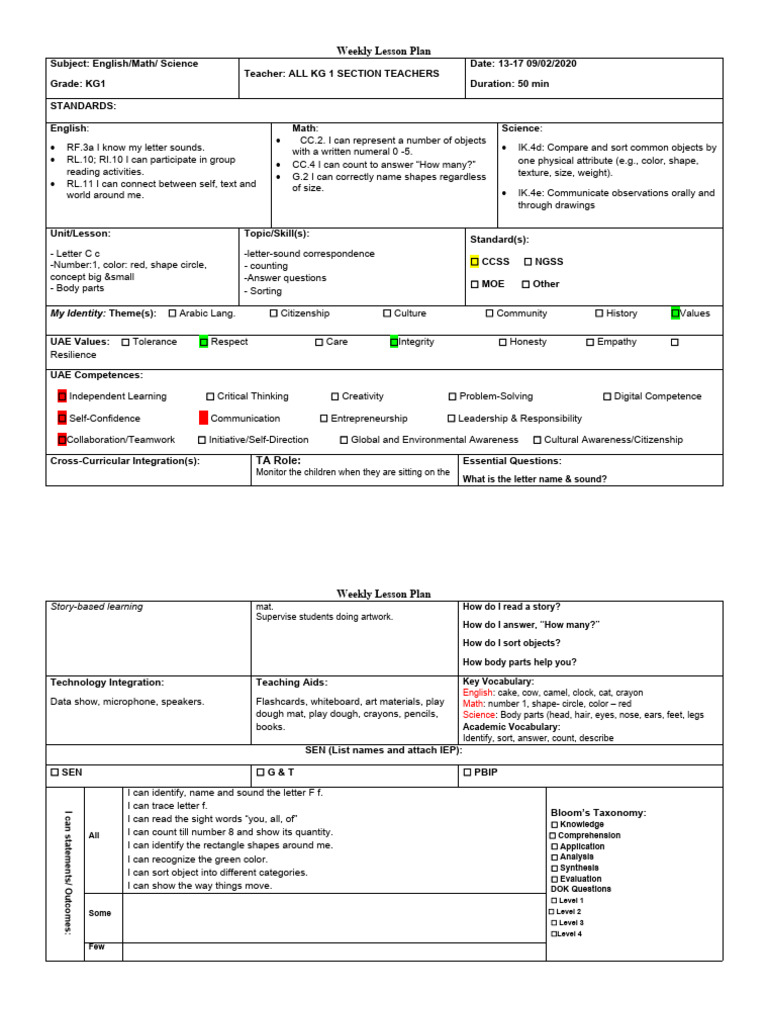KG1 Eng, Math & SC WK 3 Traditional | PDF | Lesson Plan | Flashcard