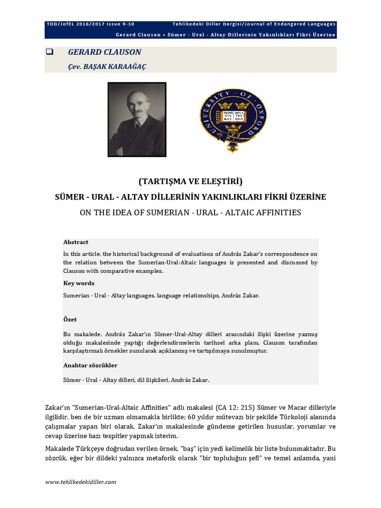 Sümer - Ural - Altay Di̇lleri̇ni̇n Yakinliklari Fi̇kri̇ Üzeri̇ne | PDF