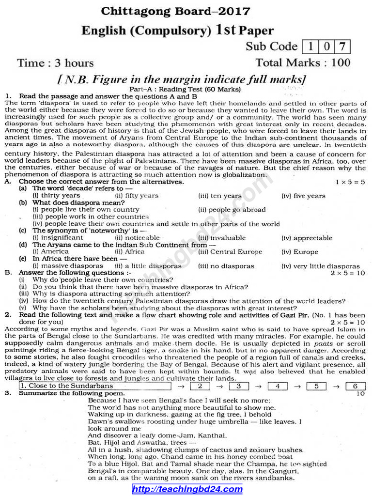 English 1st Paper Question 2017 Chittagong Board | PDF