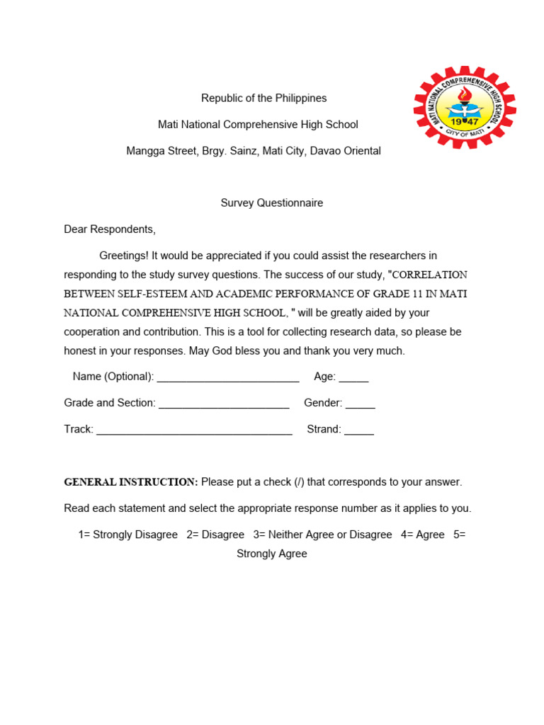survey-questionnaire | Download Free PDF | Self Esteem | Psychological ...