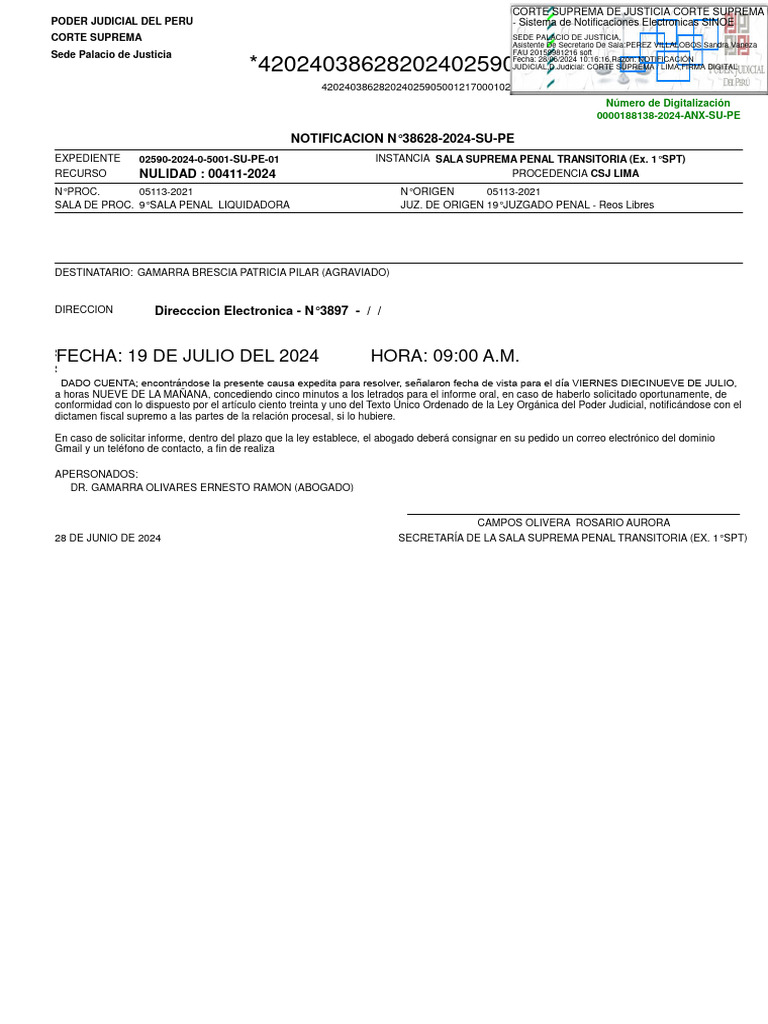 Not N.° 38628-2024-SU-PE 28 JUN 2024, Decreto y Cargo 19431-2024, Dictamen Fiscal. HABER NULIDAD ...