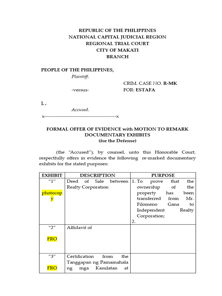 Formal Offer of Evidence | PDF | Civil Law (Common Law) | Legal Procedure