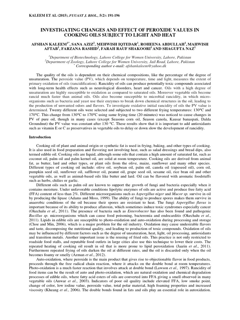 Peroxide Value Changes in Cooking Oils | PDF | Cooking Oil | Vegetable Oil