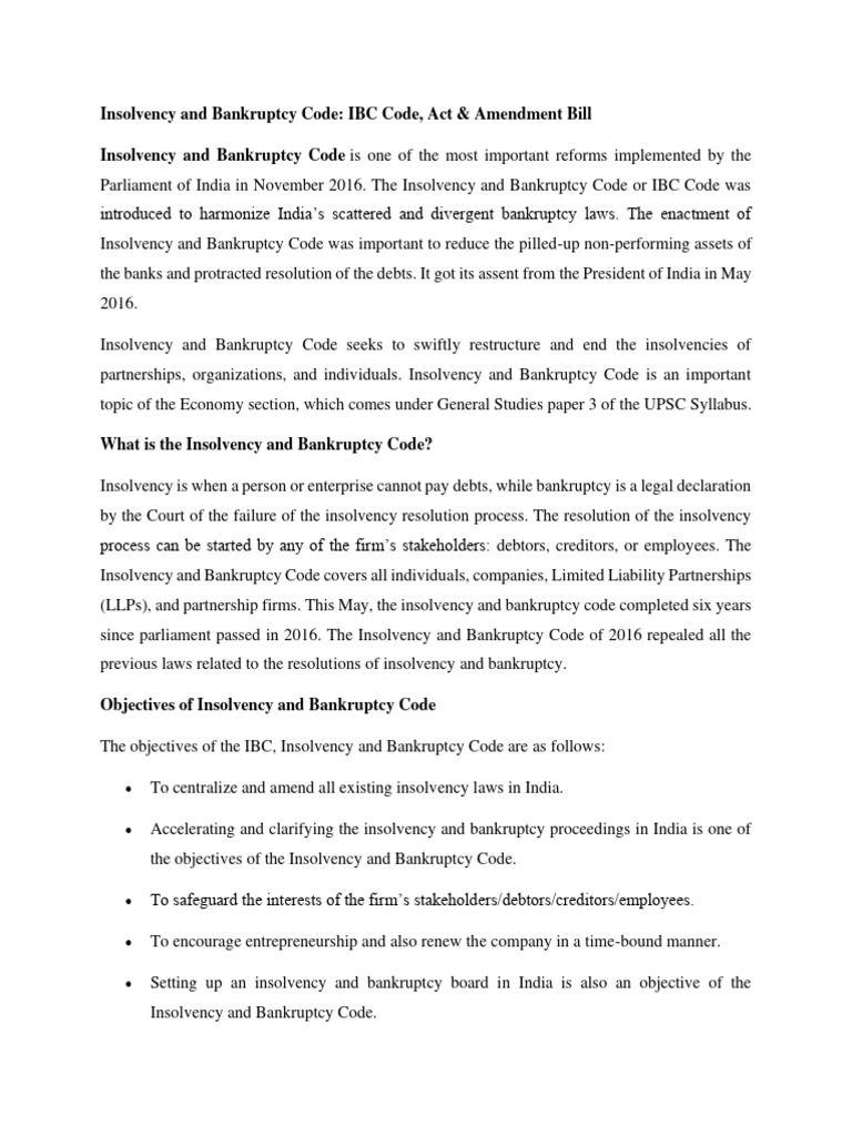 Insolvency and Bankruptcy Code | PDF | Bankruptcy | Bankruptcy In The ...