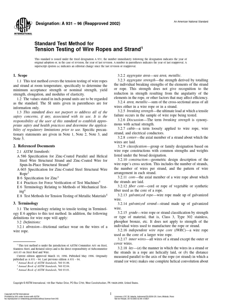 ASTM A931 (Tension Test Wire Rope) | PDF | Strength Of Materials ...