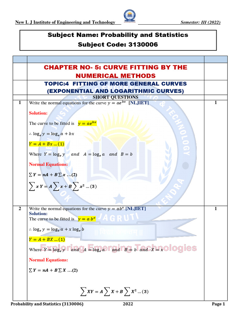 PS Exponential and Logarithmic Curve Fitti | PDF | Logarithm | Equations