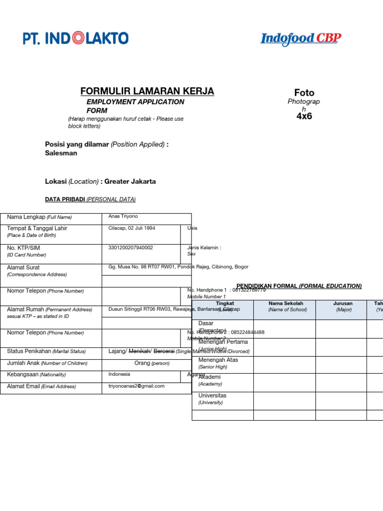 Form Lamaran Kerja | PDF