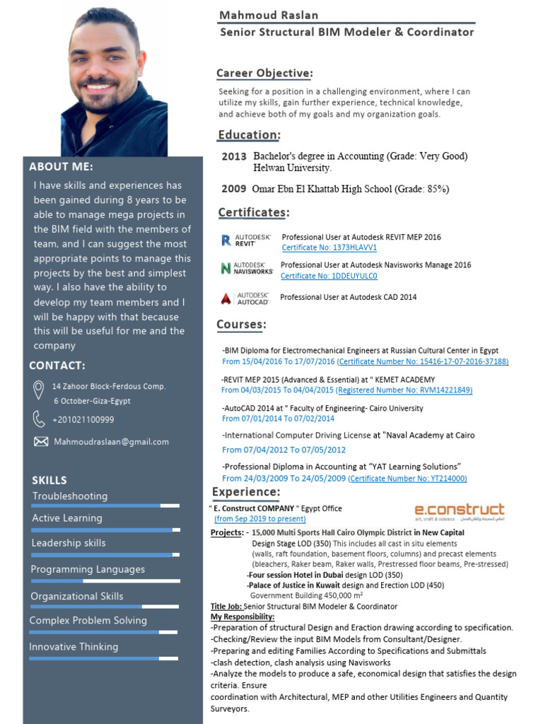 SR - Structural BIM Modeler Coordinator CV | PDF | Building Information ...