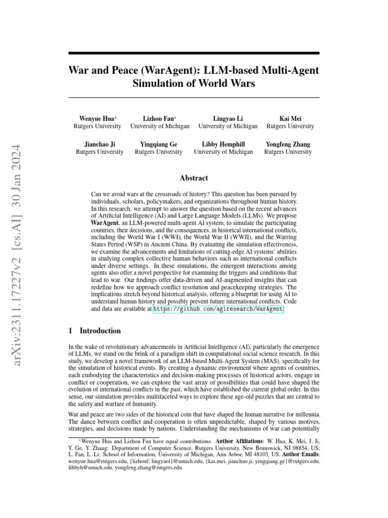 War and Peace (Waragent) : Llm-Based Multi-Agent Simulation of World ...