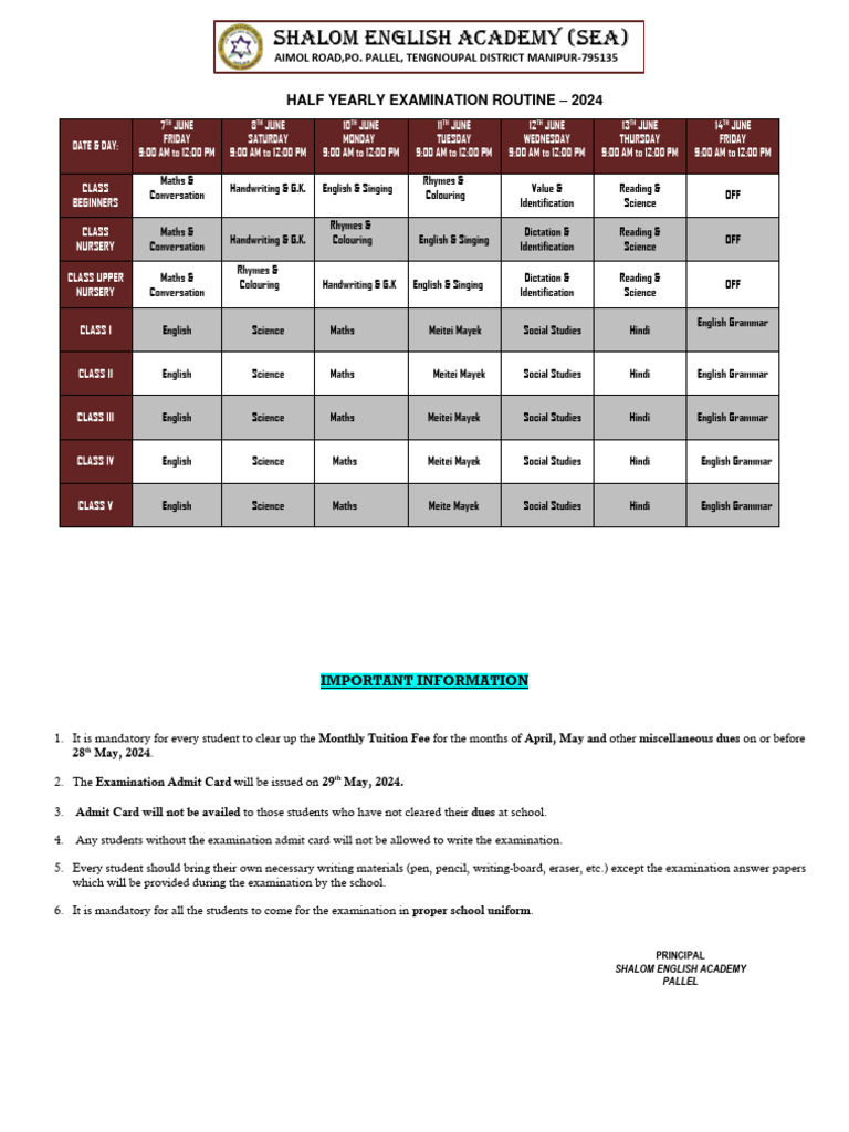Half Yearly Examination Routine, 2024 | PDF