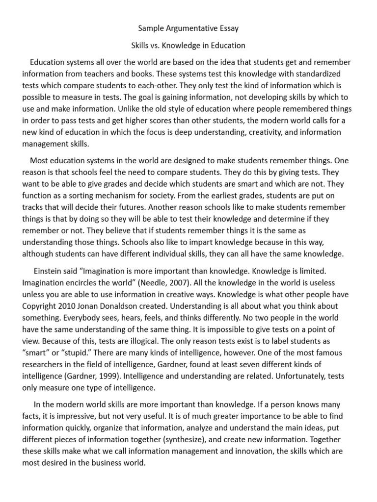 Sample Argumentative Essay | PDF | Intelligence | Knowledge