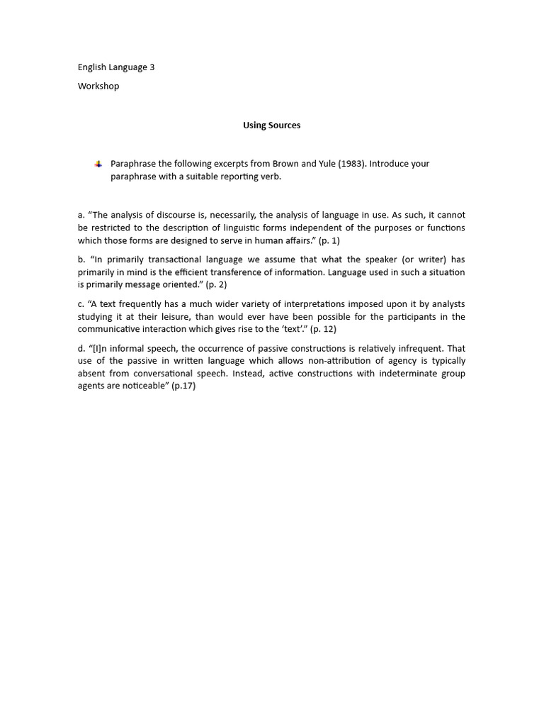 Workshop - Paraphrasing (Brown and Yule, 1983) | PDF | Language Arts ...