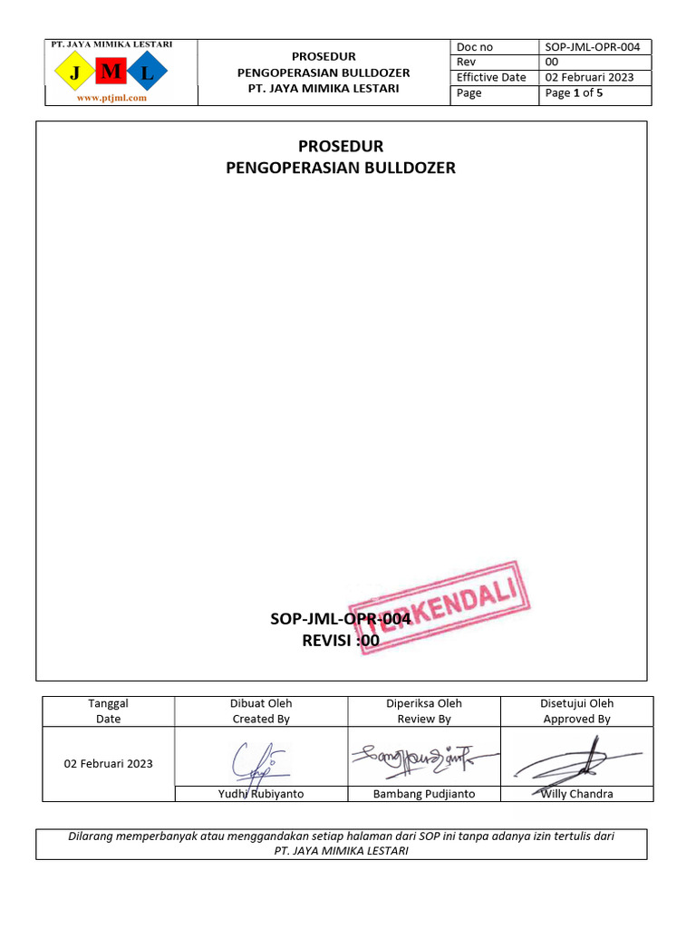 Prosedur Operasi Bulldozer SOP JML 004 | PDF