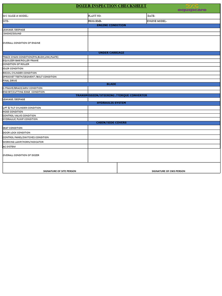 Check Sheet of Dozer, Excavator & Tipper | PDF | Motor Vehicle | Car