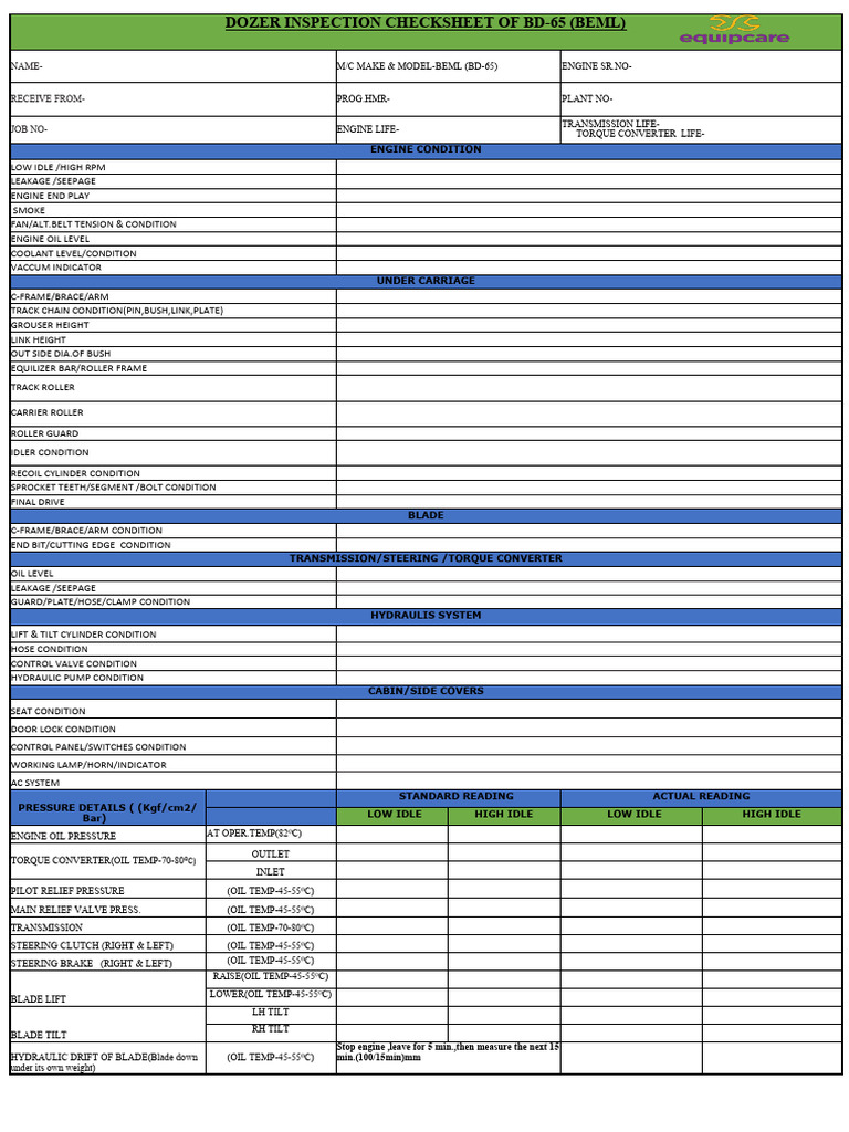 Dozer Check Sheet - Beml BD - 65 | PDF | Motor Vehicle | Automotive ...