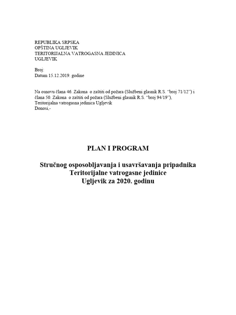 Plan I Program Obuke TVJ Za 2020godinu | PDF