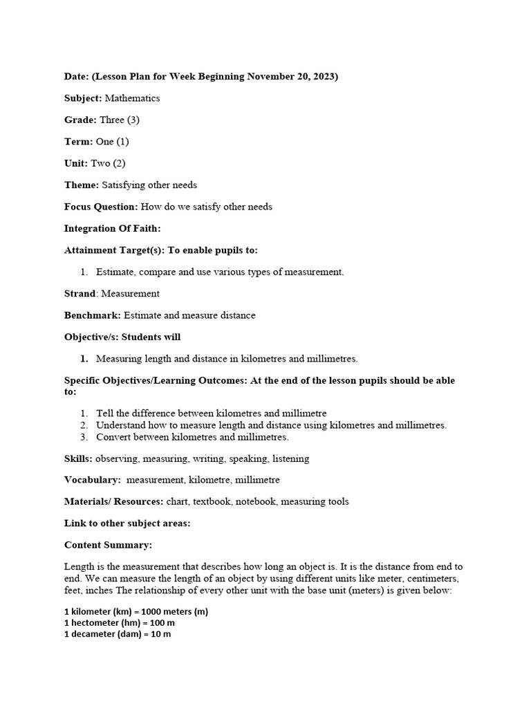 Grade 3 Math Lesson Plan: Measurement Units | PDF | Measurement | Metre