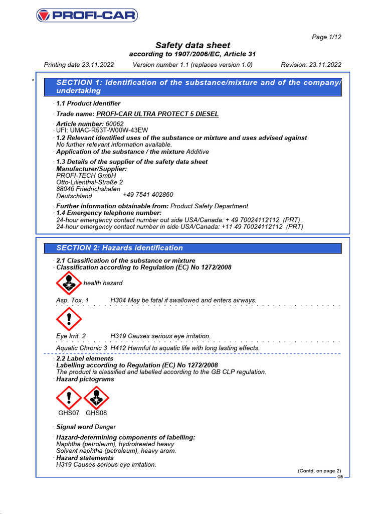 MSDS en Ultra Protect 5 Diesel 2022 11 23 V01 | PDF | Chemistry