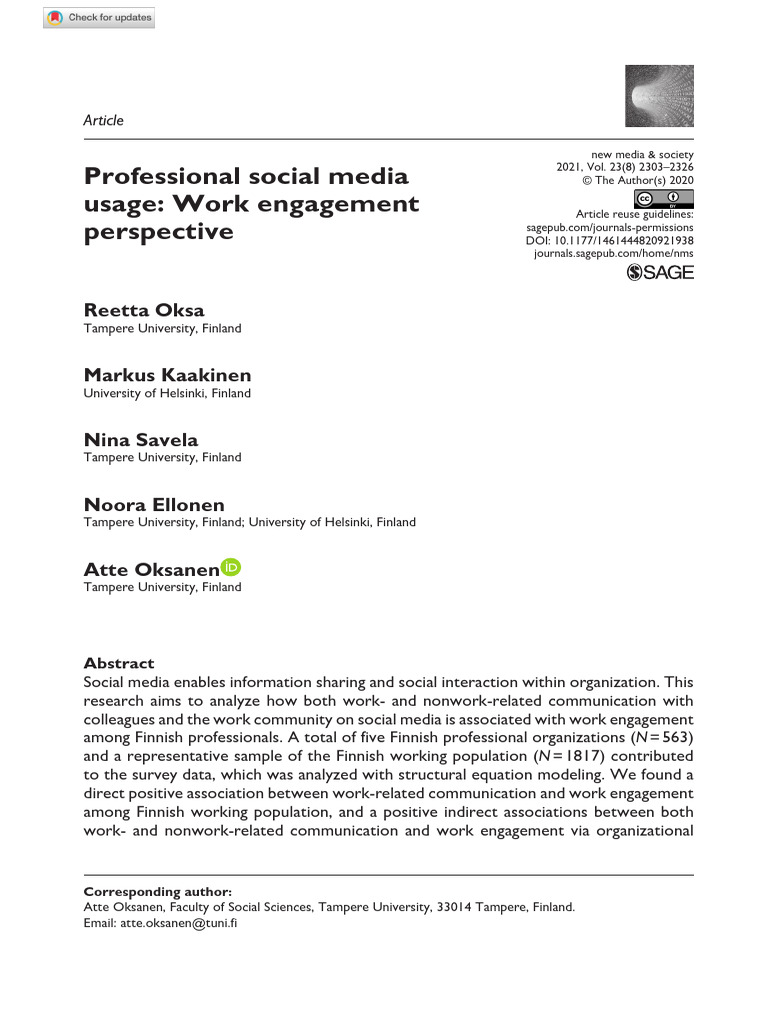 Oksa Et Al 2020 Professional Social Media Usage Work Engagement Perspective | PDF | Social Media ...