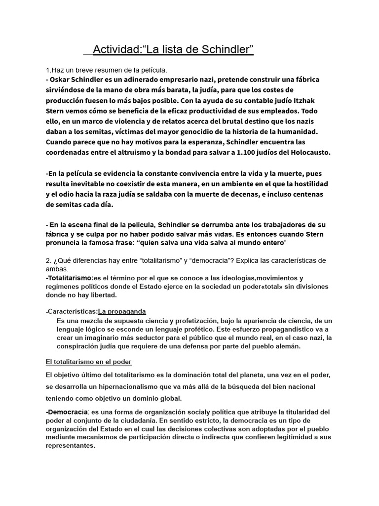 Análisis de "La lista de Schindler" y el Holocausto | PDF | nazismo ...