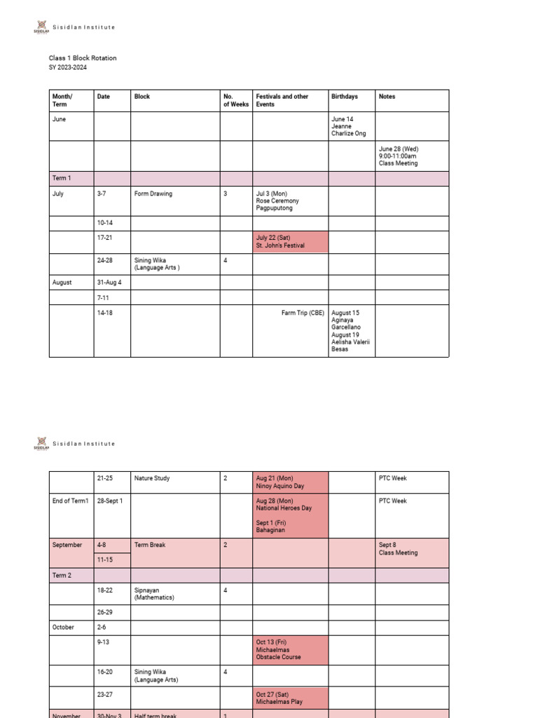 Class 1 Block Rotation SY 2023-2024 | PDF | Religious Holidays ...