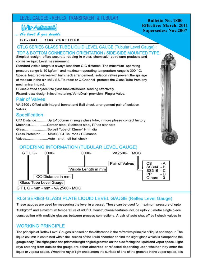 Glass Tube Reflex and Transparent Type Level Gauge | PDF