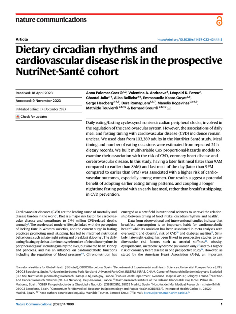 Dietary Circadian Rhythms and Cardiovascular Disease Risk in The ...