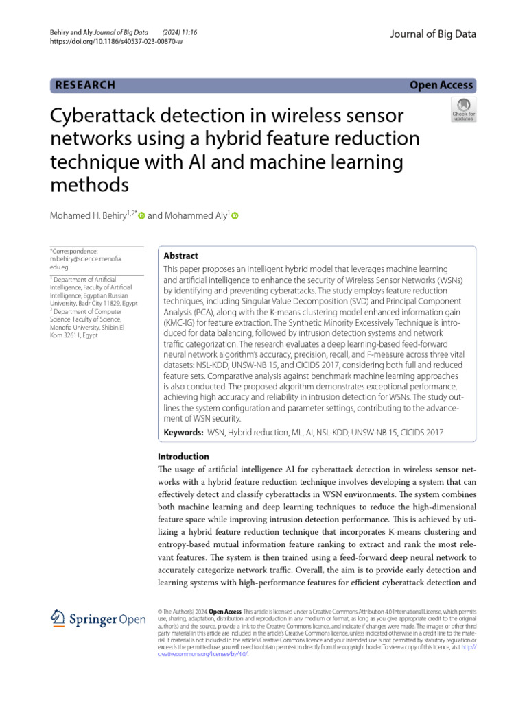 Cyberattack Detection In Wireless Sensor Networks Using A Hybrid Feature Reduction Technique