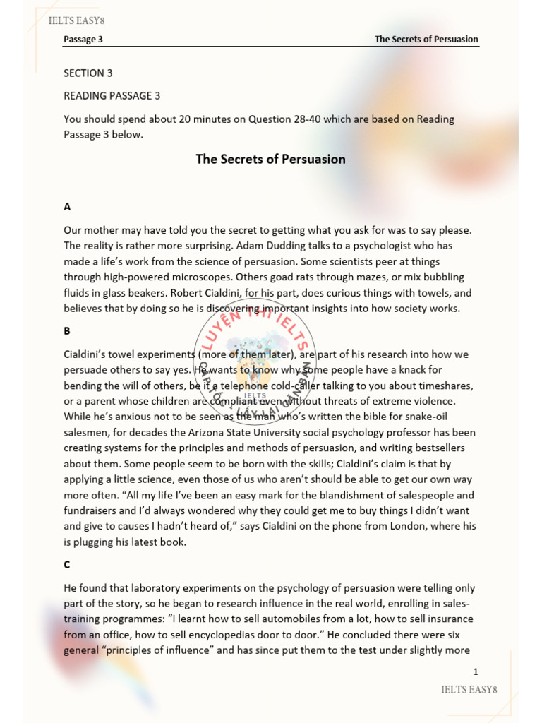 02 Passage 3 - The Secrets of Persuasion Q28-40 | PDF | Persuasion | Waiting Staff