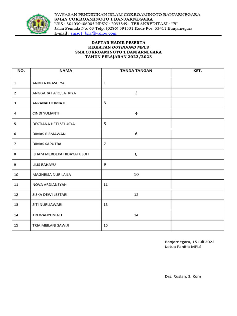 Daftar Hadir OUTBOUND Mpls | PDF