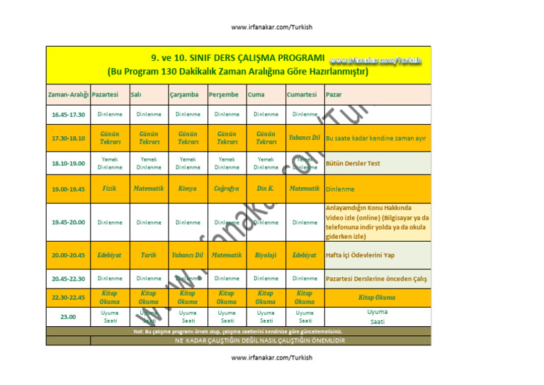 9.Sinif_ders_Calisma_programi_130dakika (1) | PDF
