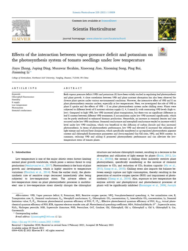 Zhang Et Al. - 2021 - Scientia Horticulturae Effects of The Interaction ... Zhang Et Al. - 2021 - Scientia Horticulturae Effects of The Interaction ...