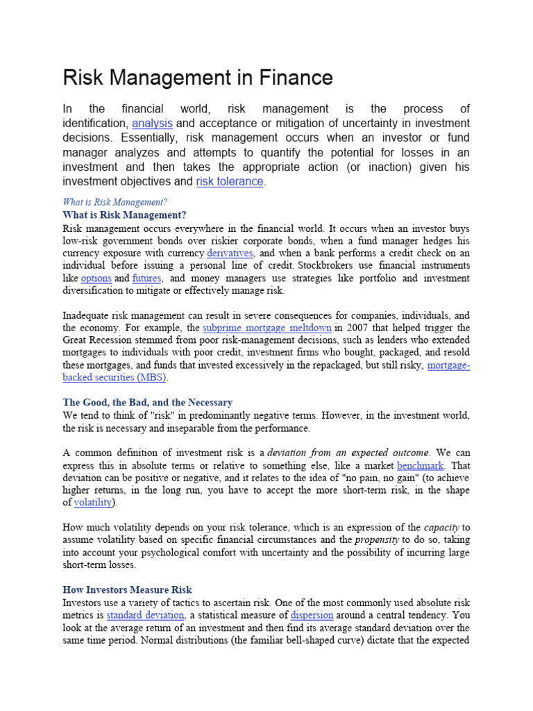 Risk Management in Finance | PDF | Risk | Beta (Finance)