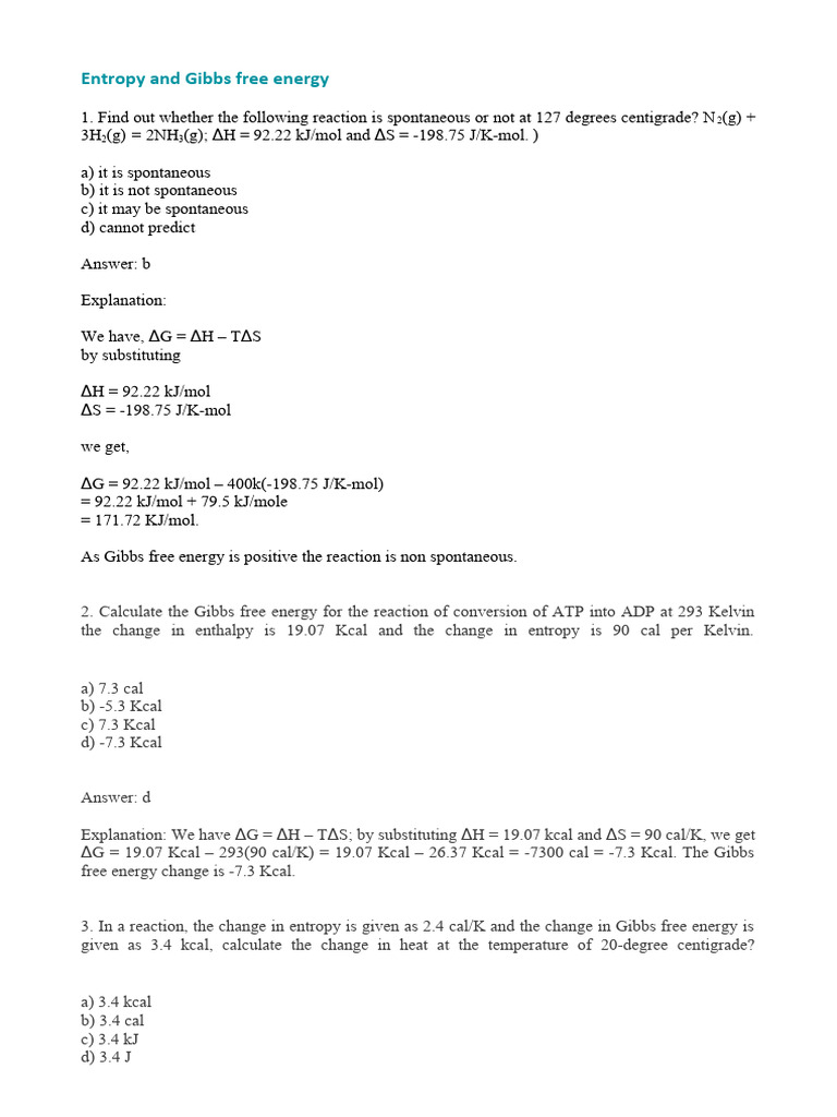 Entropy and Gibbs Free Energy | PDF | Gibbs Free Energy | Chemical ...