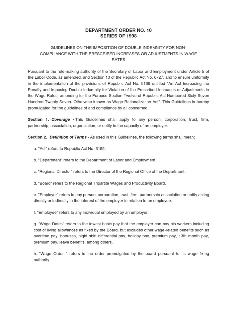 DOLE DO No. 10, S. 1998 | PDF | Wage | Employment