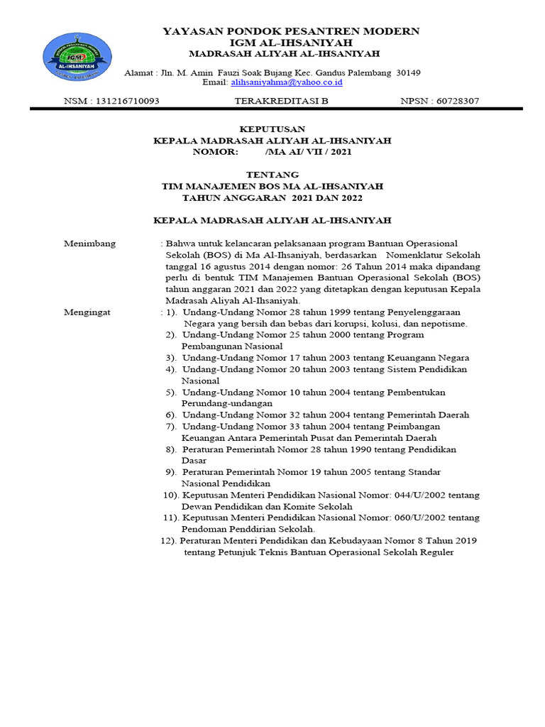Tim Manajemen BOS MA Al-Ihsaniyah 2021-2022 | PDF