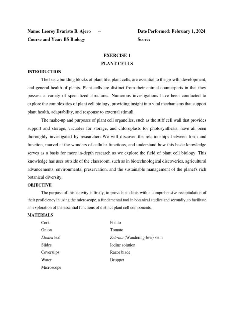 Exercise 1 - Plant Cells Lab Report - Leorey Ajero | PDF | Chloroplast | Vacuole