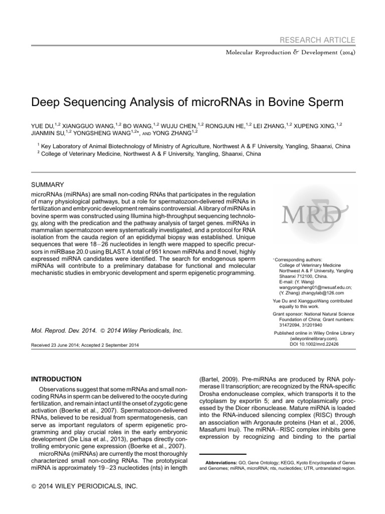 Deep Sequencing Analysis of MicroRNAs in Bovine Sperm | PDF | Micro Rna ...