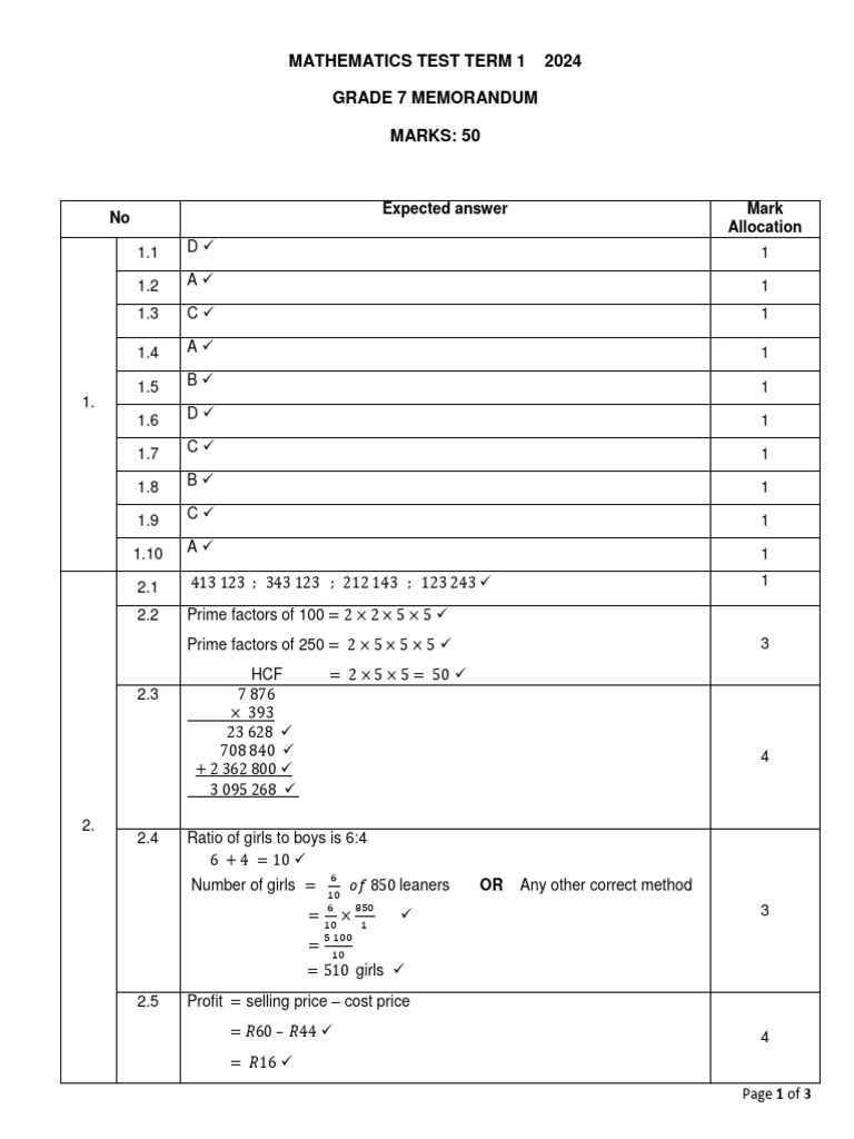 Memo Grade 7 Mathematics Test Term 1 2024_021145 | Download Free PDF ...