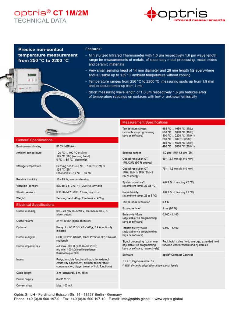 Optris CT 1m 2m Data Sheet | PDF | Electrical Engineering | Electronics