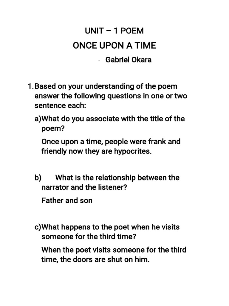 UNIT - 1 Poem Once Upon A Time XI STD | PDF